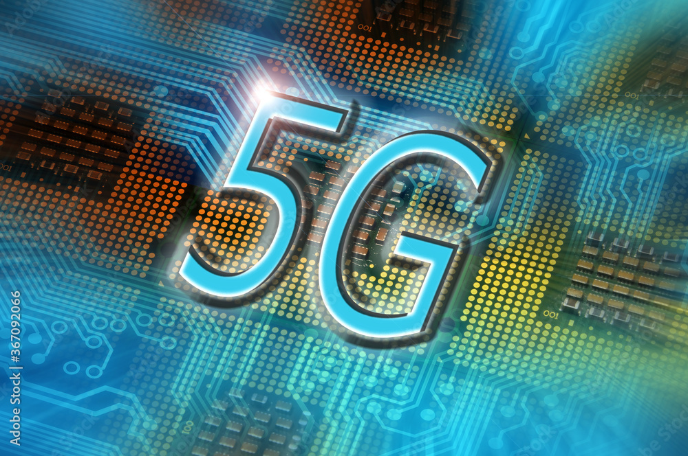 5G word on technology abstract background with cpu and binary code ...
