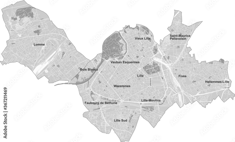 Lille city map with district names, in France. Lille map topography ...