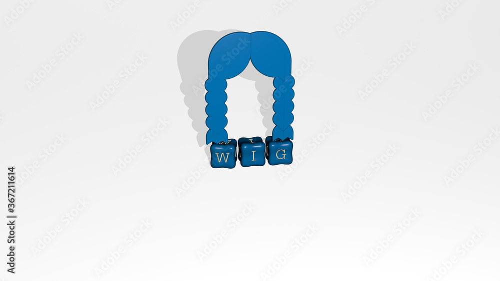 3D illustration of wig graphics and text made by metallic dice letters ...