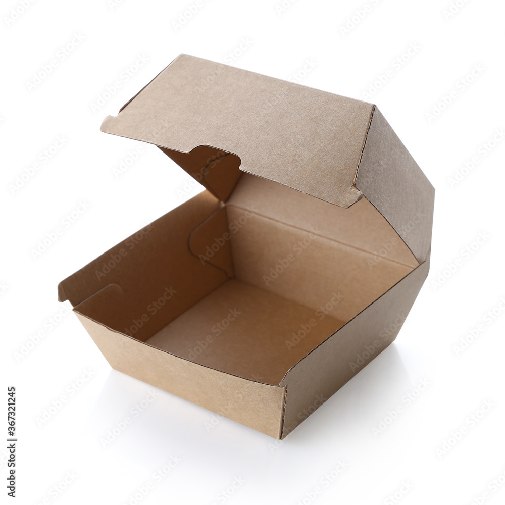 Blank opened brown craft burger box isolated on white background. Empty ...