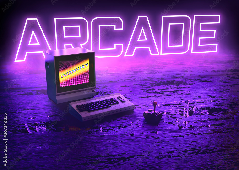 Vintage computer with neon glowing arcade videogames in violet ...