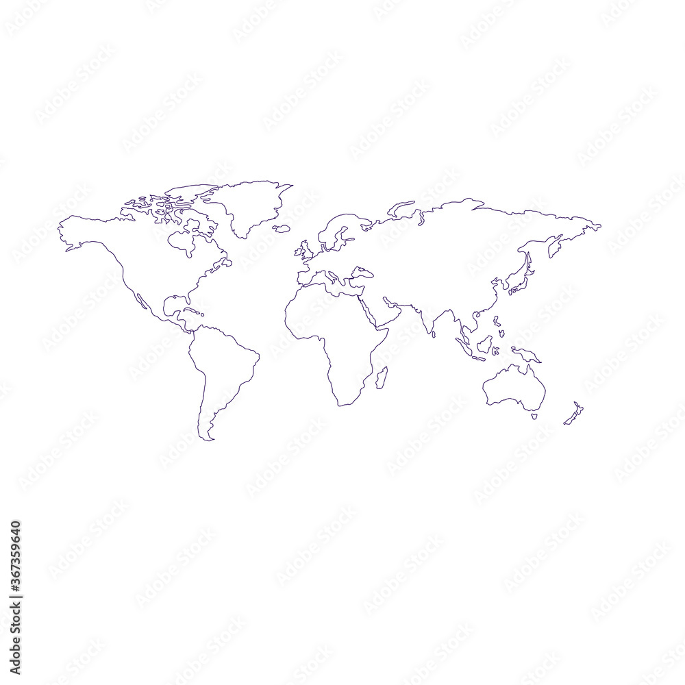 Image of the world map. Dark blue outline along continental borders ...