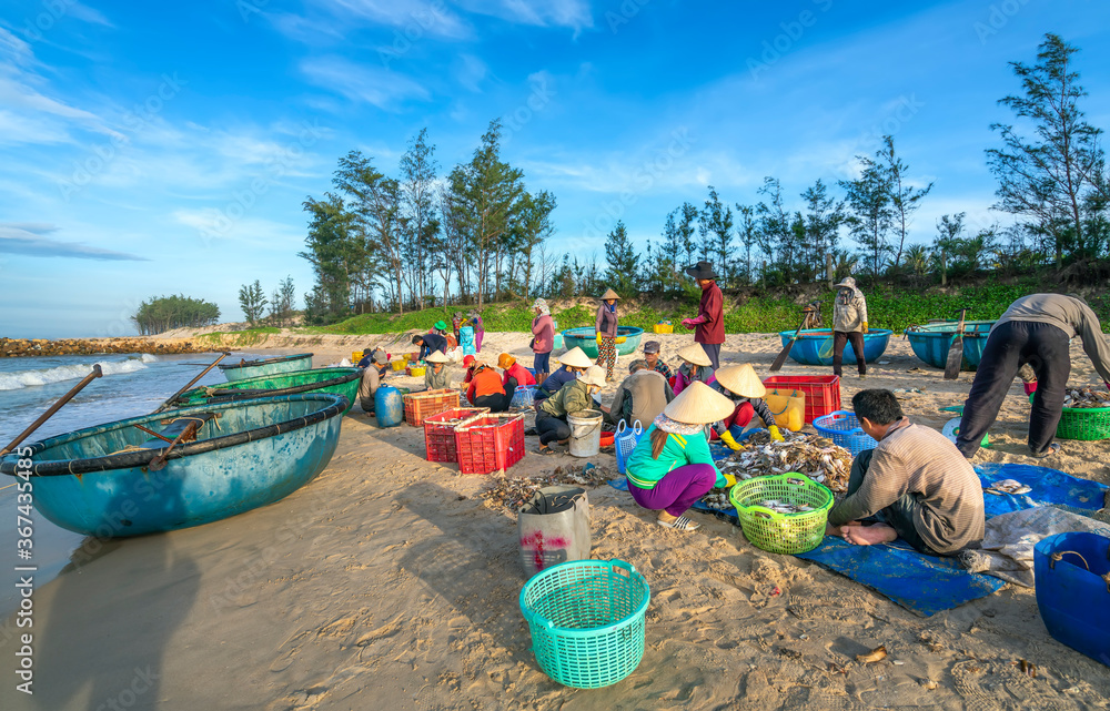 Seafood market session seas, people gather inside crabs, snails, and ...