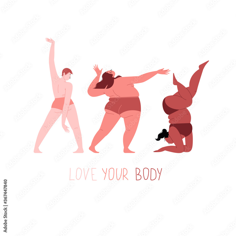 Three women of different ethnicities and body shapes in underwear ...