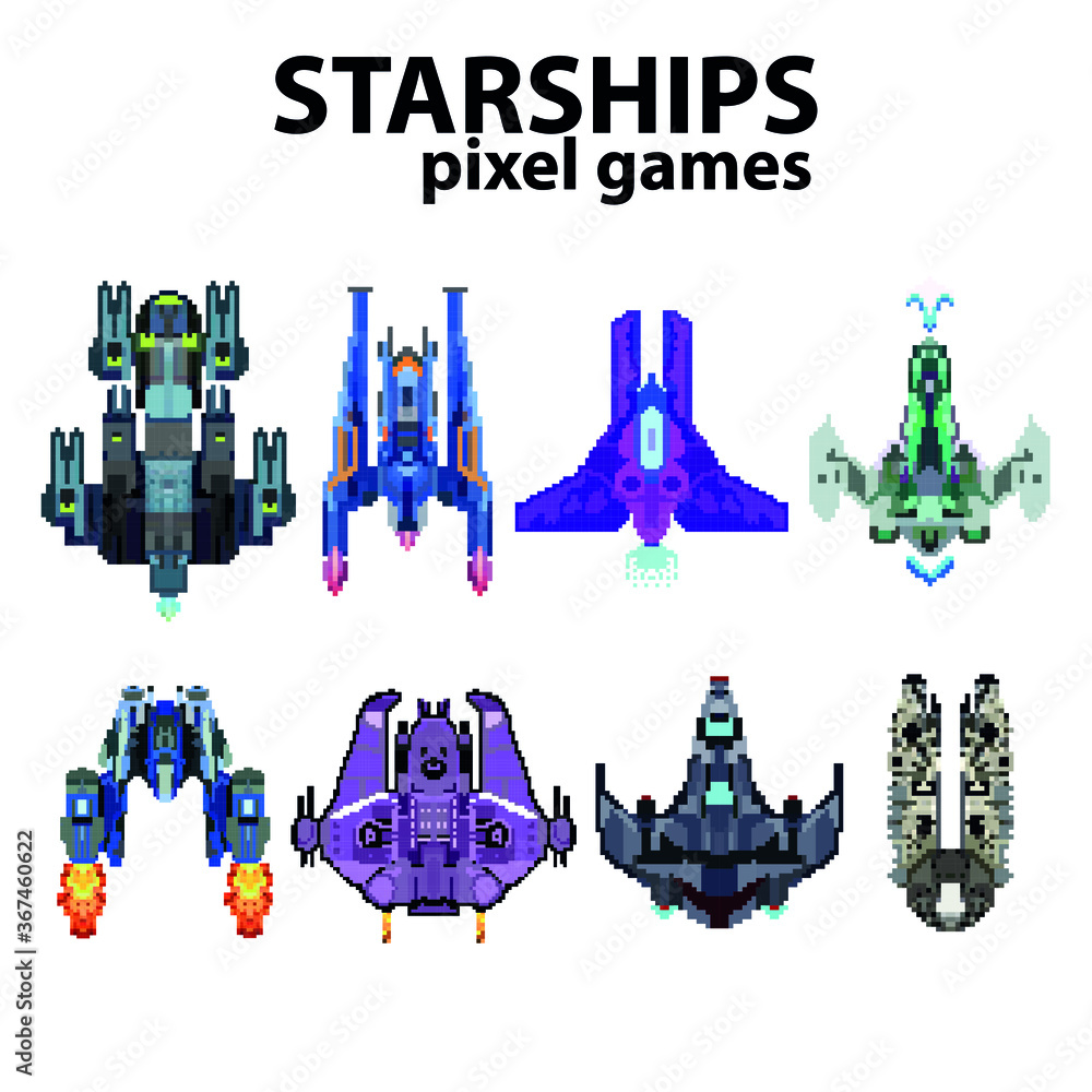 Set of starships from pixels, 8-bit game isolated on white background ...