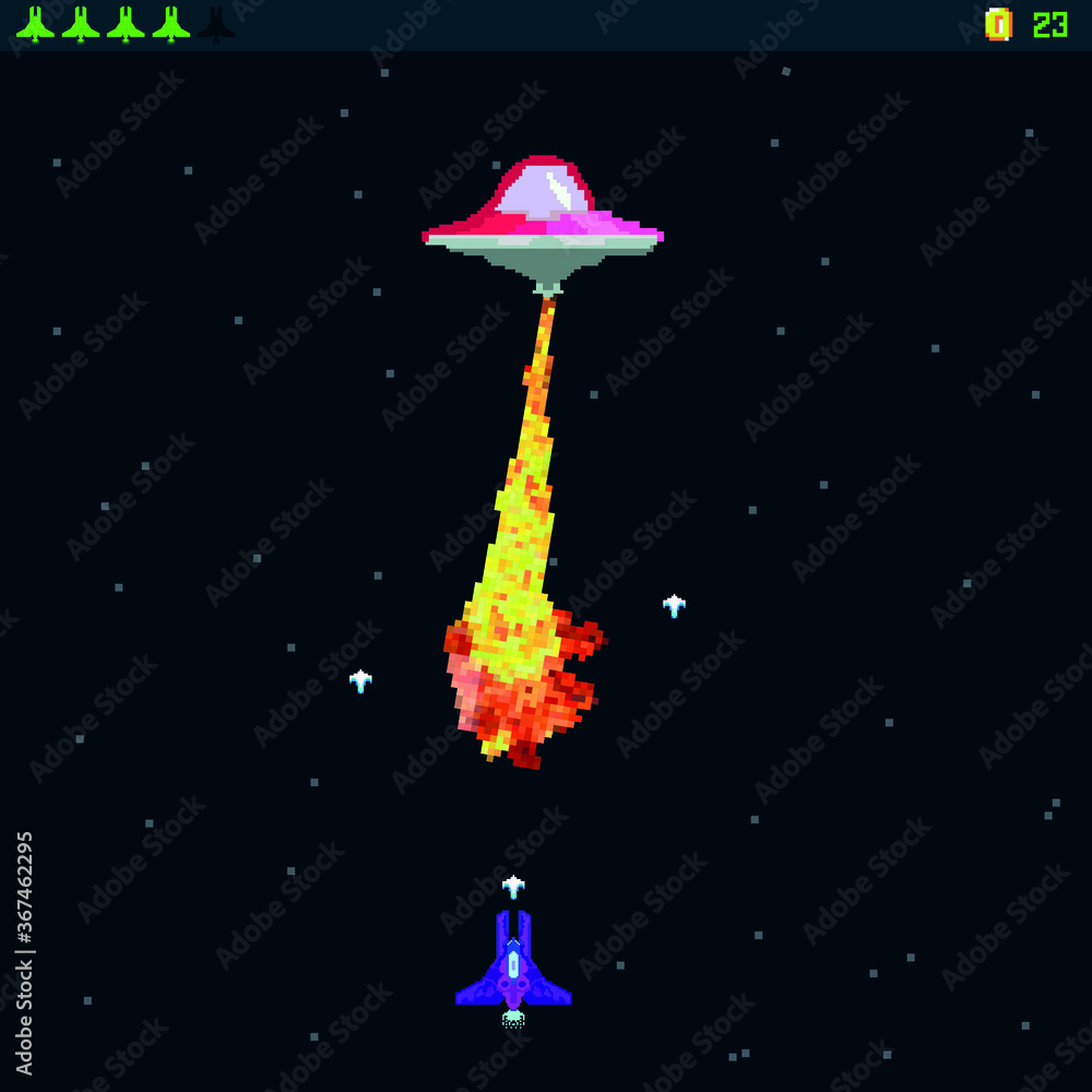 Boss battle in retro video games. military ships arcade, shooting, map ...