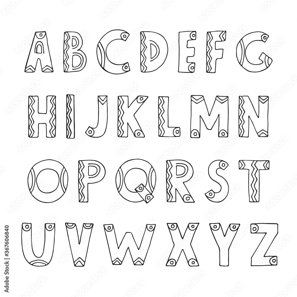 Decorative hand drawn ABC latin alphabet. Cute english typographic font ...