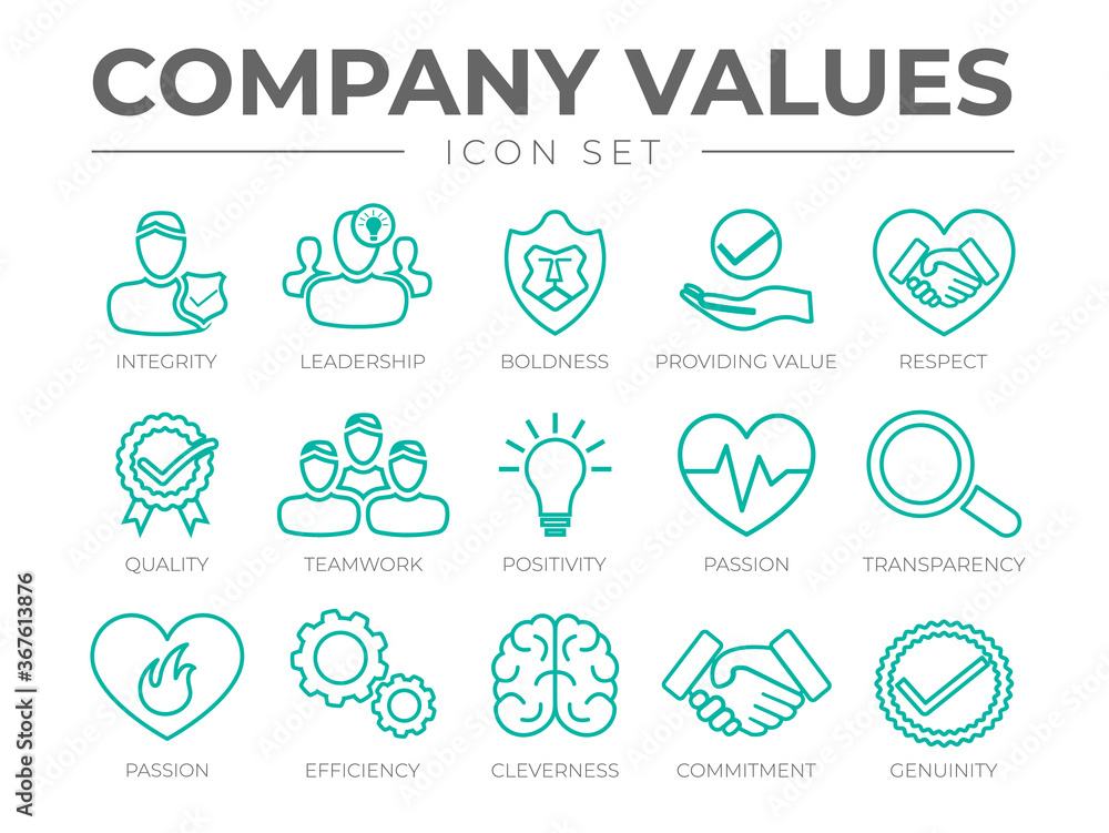 Company Values Outline Icon Set. Integrity, Leadership, Boldness, Value ...