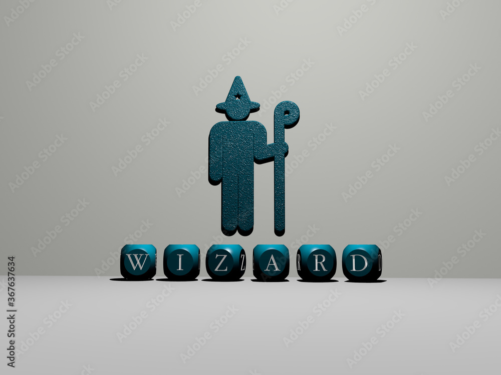 3D representation of wizard with icon on the wall and text arranged by ...