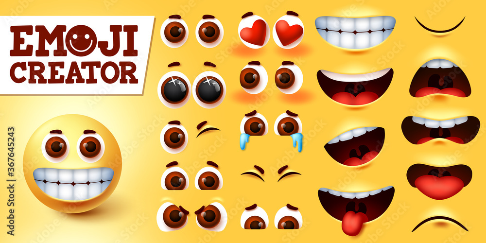Emoji smileys creator happy vector set. Emojis emoticon character kit ...