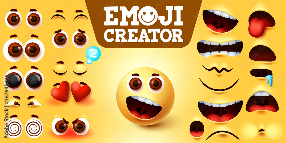 Emojis smiley creator happy vector set. Emoji maker character kit with ...