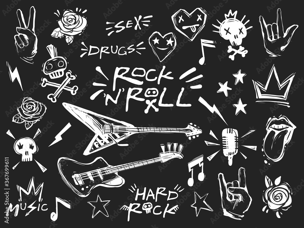 Rock n roll elements collection. Vector hard rock doodle illustrations ...