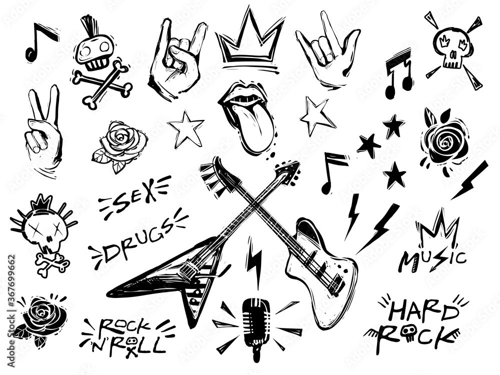 Punk rock n roll elements collection. Vector hard rock doodle ...