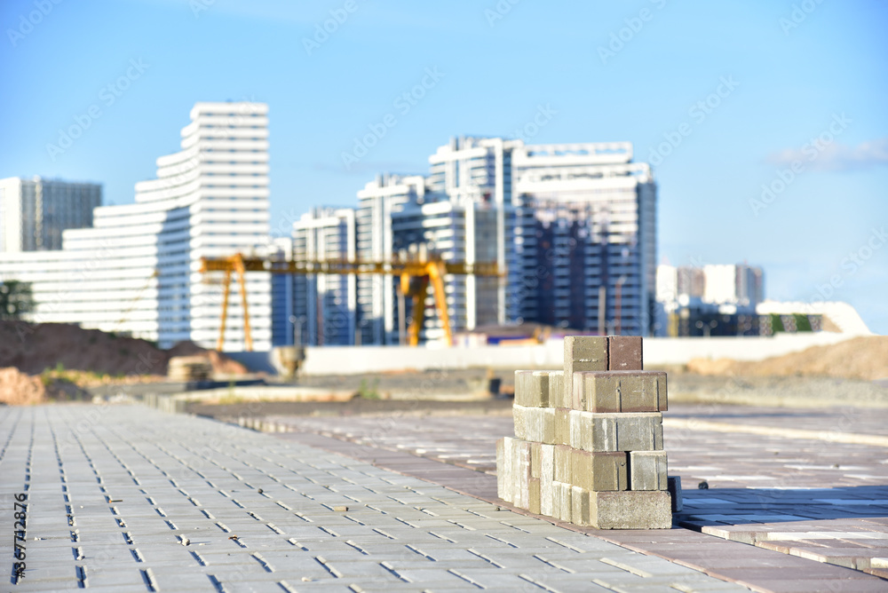 Process of installing paving bricks at construction site. Laying paving ...