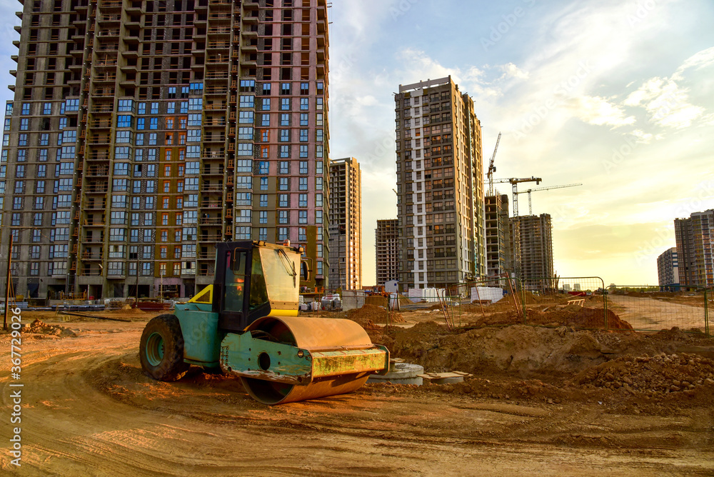 Vibro Roller Soil Compactor Leveling Ground At Construction Site