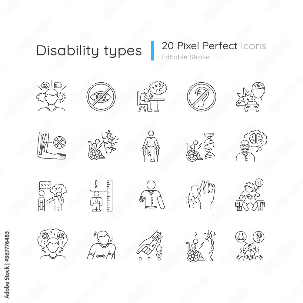 Disability types linear icons set. Blindness and deafness ...