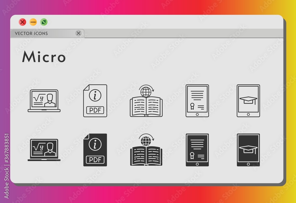 Vector de Stock micro icon set. included tablet, professor, pdf, student-tablet, learning icons ...