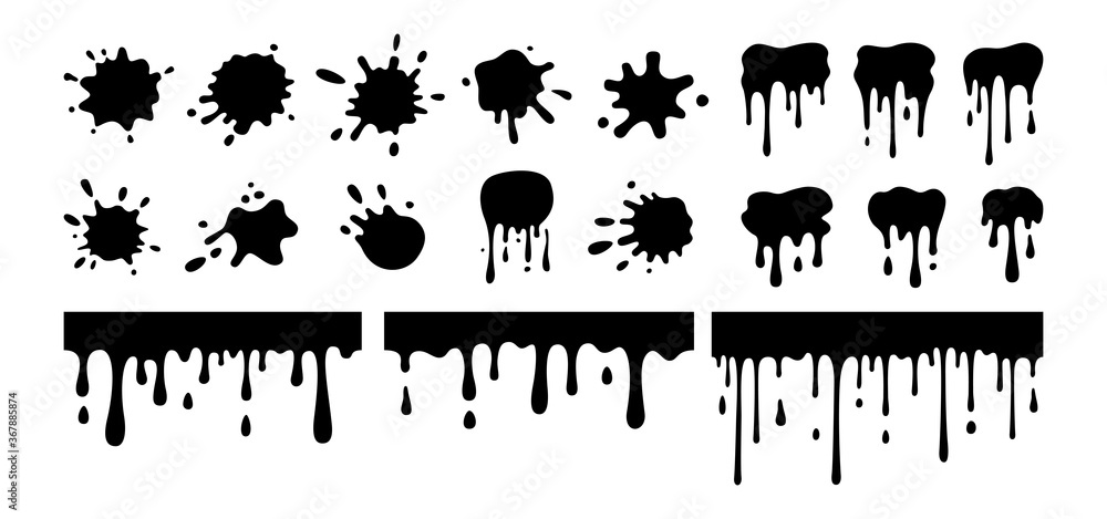 Splash black blob, shape set. Black silhouette, round ink splatter ...