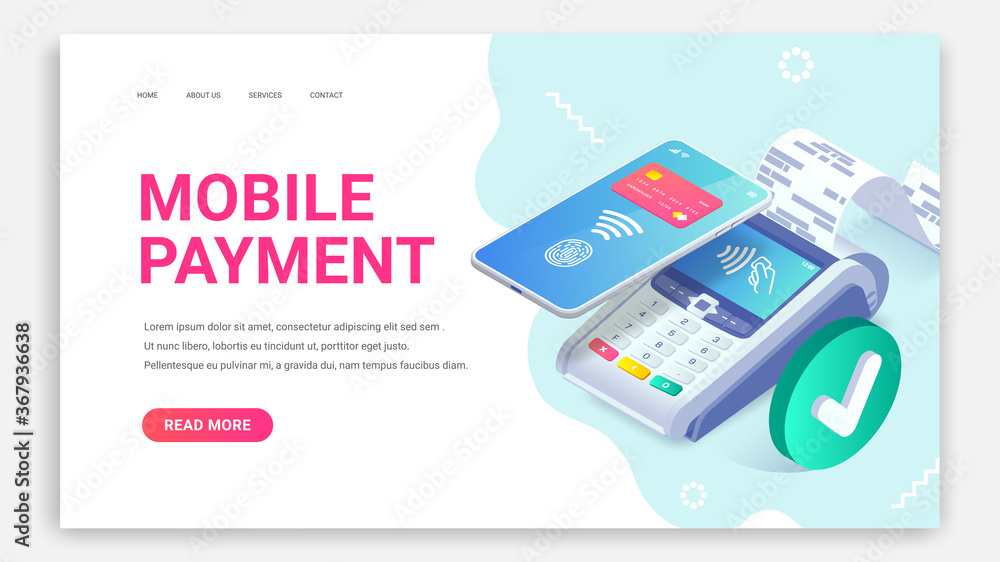 Vector de Stock Isometric shopping, successful contactless payments via smartphone approved ...