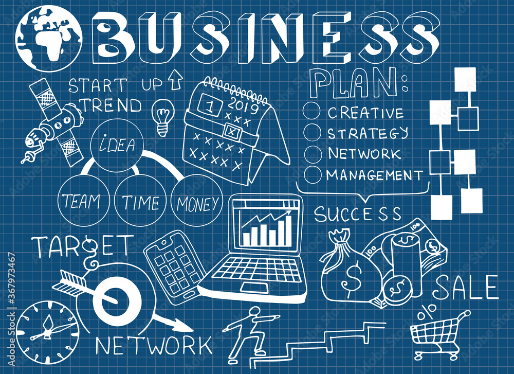 Business doodle sketch set: infographics elements isolated, vector ...