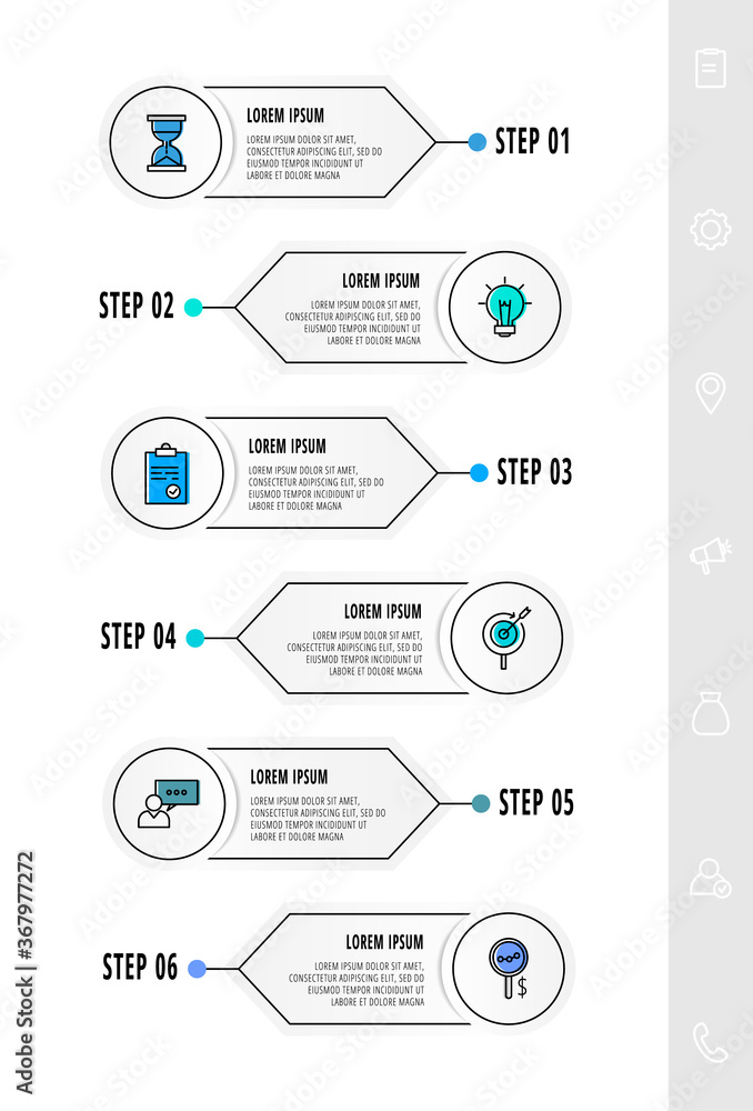Vector circle infographics with 6 arrows. Six step line template. Used ...