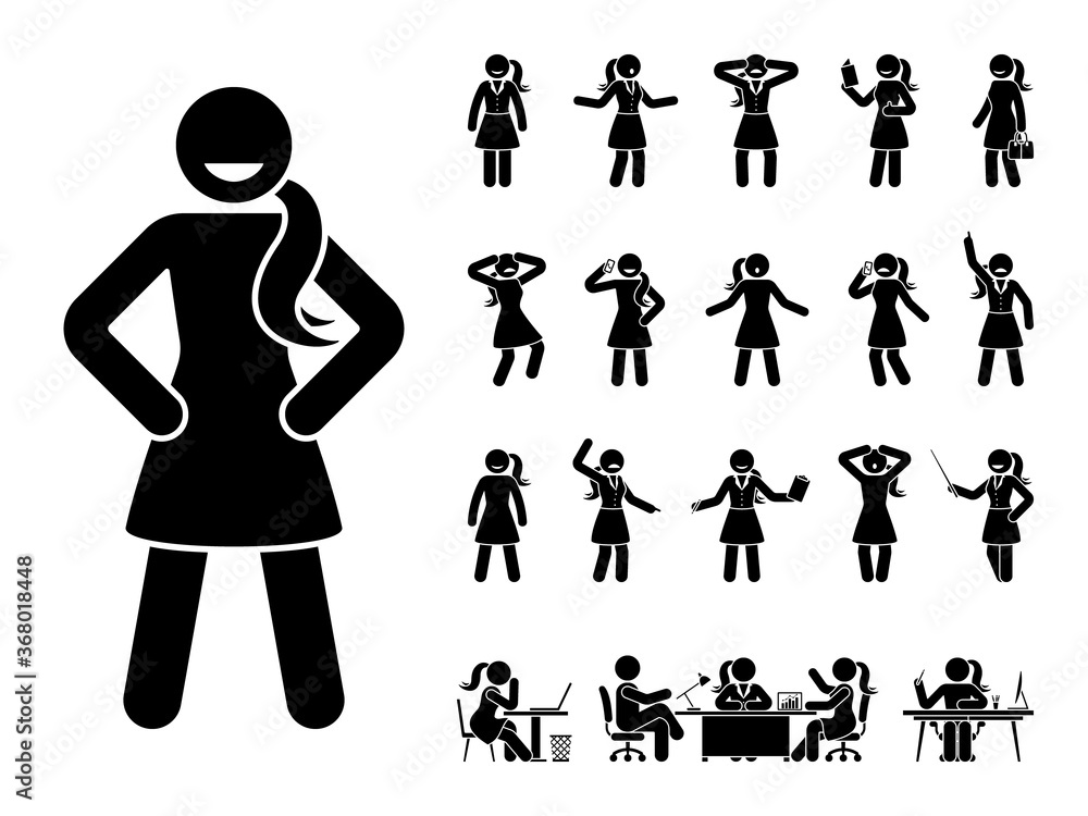 Stick figure office woman standing in different poses design vector ...