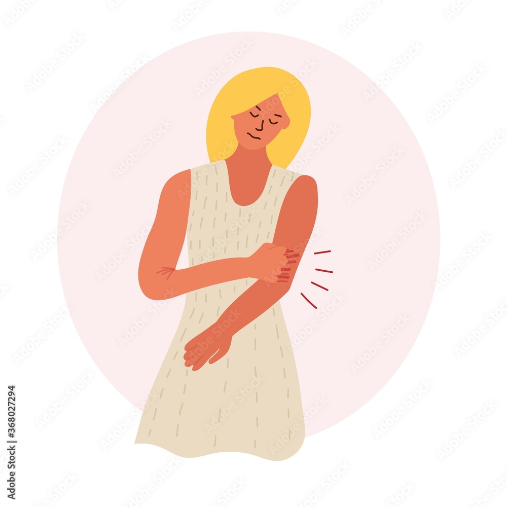 young woman is scratching the skin on her arm in the elbow with nails ...