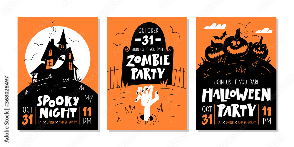 Vector set of Halloween party invitations or greeting cards with ...