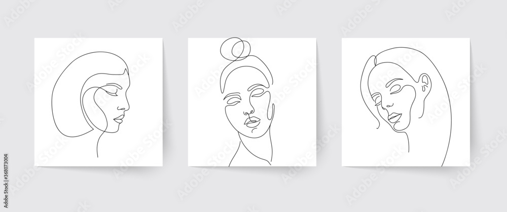 Set of stylized woman faces and hairstyles. Modern single line art ...