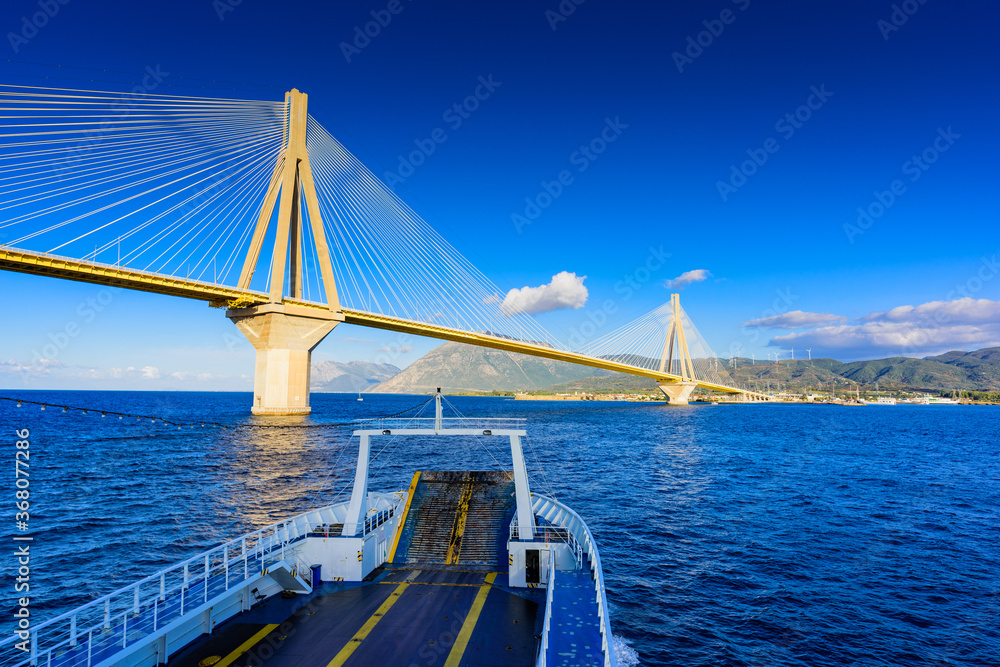 View of The Rion-Antirion Bridge from the deck of the ferry. Bridge ...