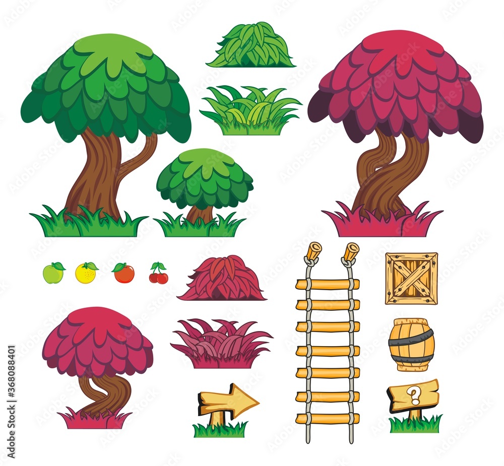 set of game assets, icon, element, tileable seamless tileset, Useful ...