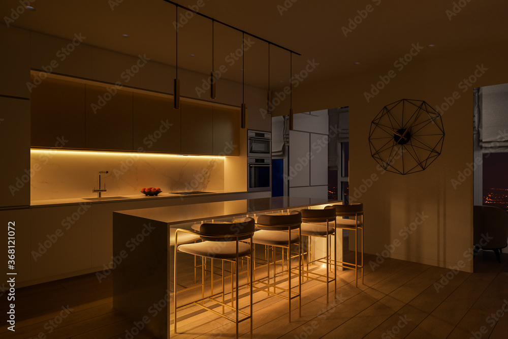 3D illustration of a kitchen with night lighting. Kitchen interior ...