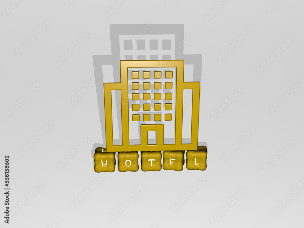 3D representation of HOTEL with icon on the wall and text arranged by ...