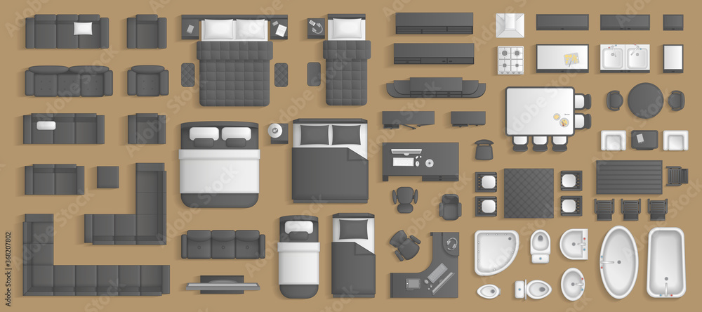 Icons set of interior. Furniture top view. Elements for the floor plan ...