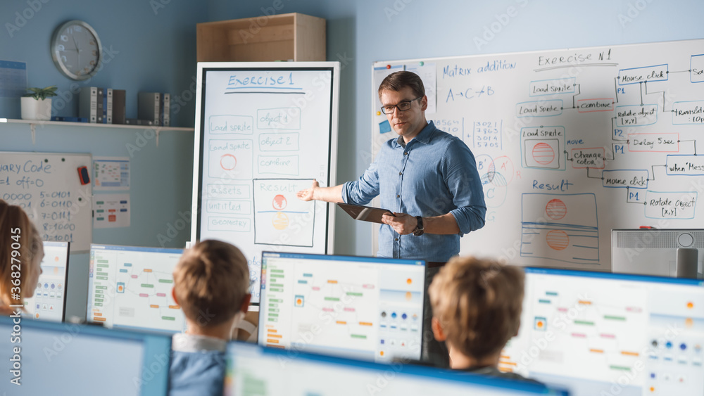 Elementary School Class: Teacher Uses Interactive Digital Whiteboard, Explains Lesson to Diverse ...