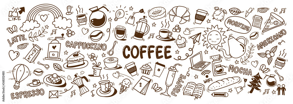 cute doodle cartoon coffee shop icons. vector outline hand drawn for ...