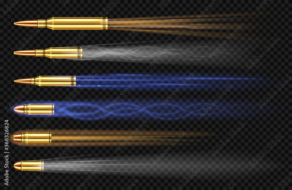 Flying pistol bullets with smoke and fire traces. Shooting gun slugs ...