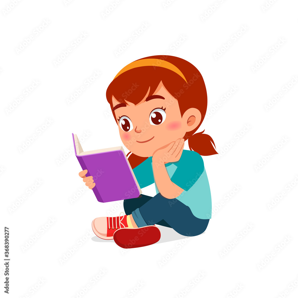 happy cute little kid boy girl read study learn story book school Stock ...