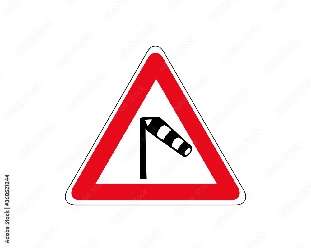 Traffic sign warning about crosswind from the left icon. Windsock ...