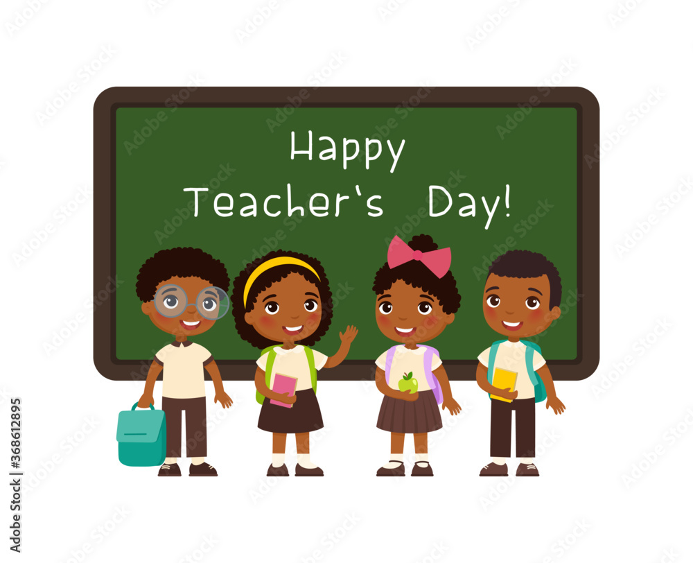 Happy teachers day greeting flat vector illustration. Dark skin ...