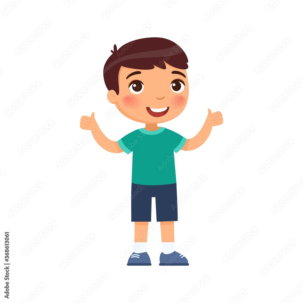 Happy little boy shows thumbs up as a sign of agreement. Cartoon ...