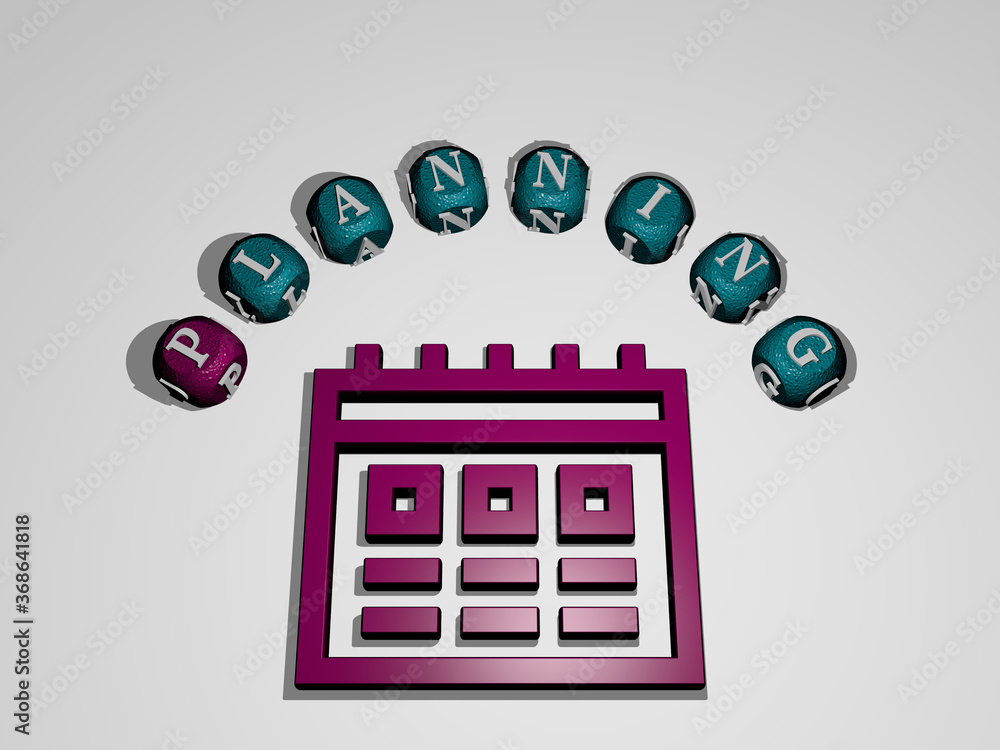 3D representation of PLANNING with icon on the wall and text arranged ...