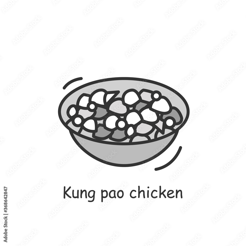 Kung pao chicken icon. Delicious Chinese stir-fried chicken bowl linear ...