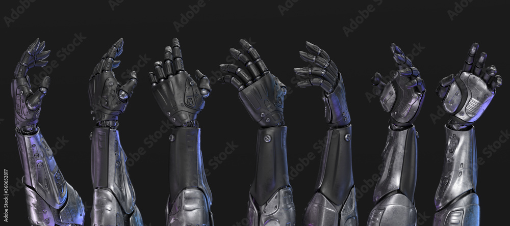 Set of artificial sci-fi robotic arms, 3d rendering on black background ...