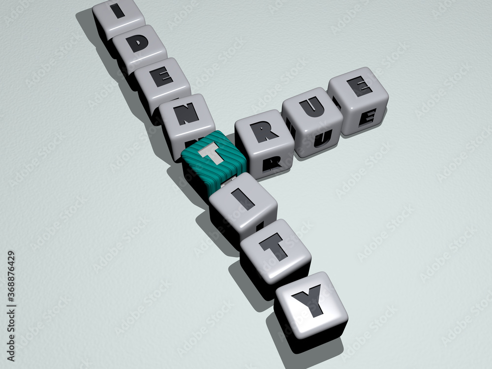 crosswords of true identity arranged by cubic letters on a mirror floor ...