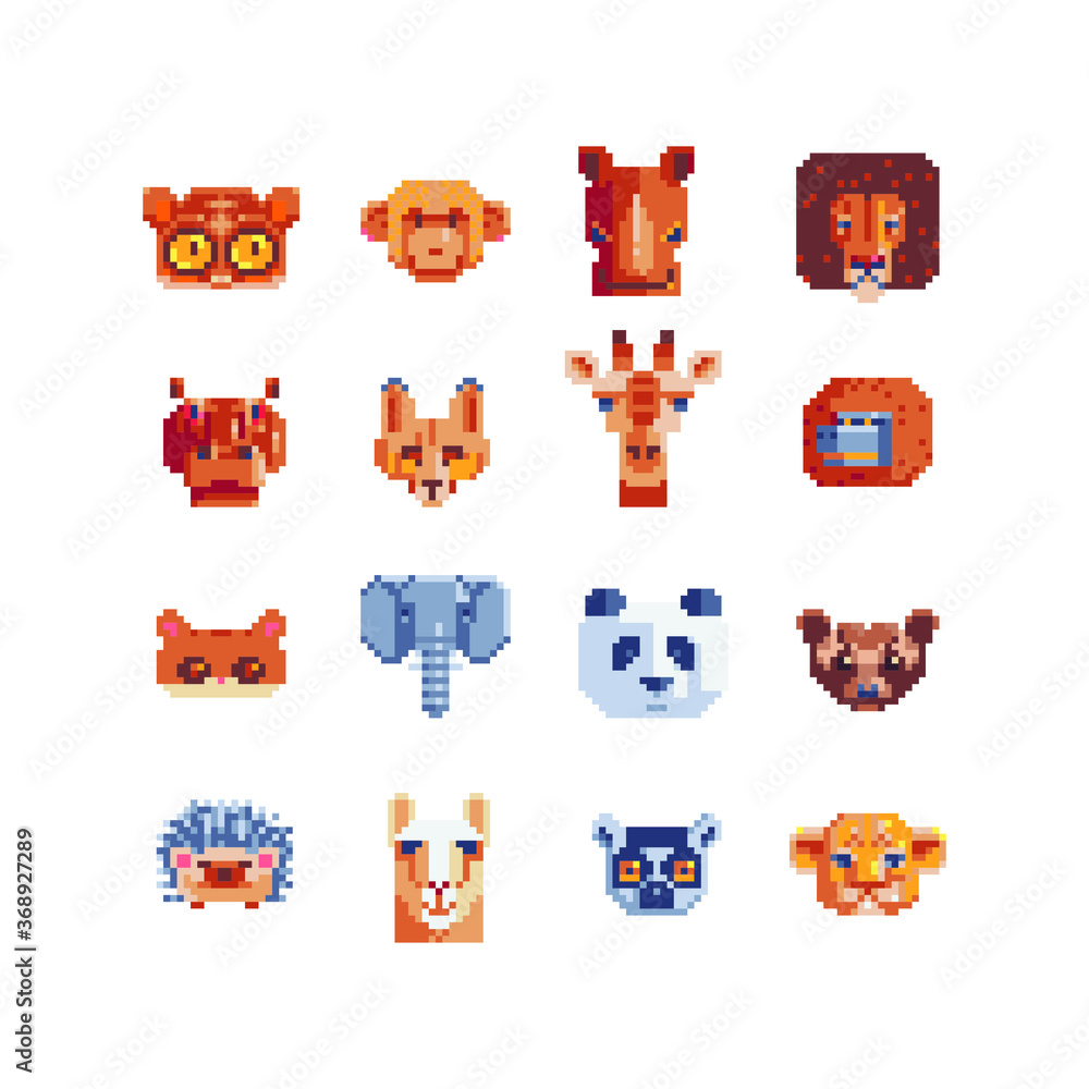Cute animals head characters Pixel art icons se, design element of ...