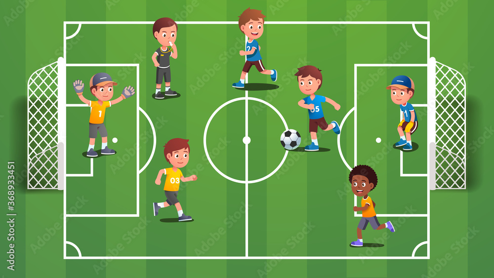 Boys kids playing soccer ball on field Stock Vector | Adobe Stock