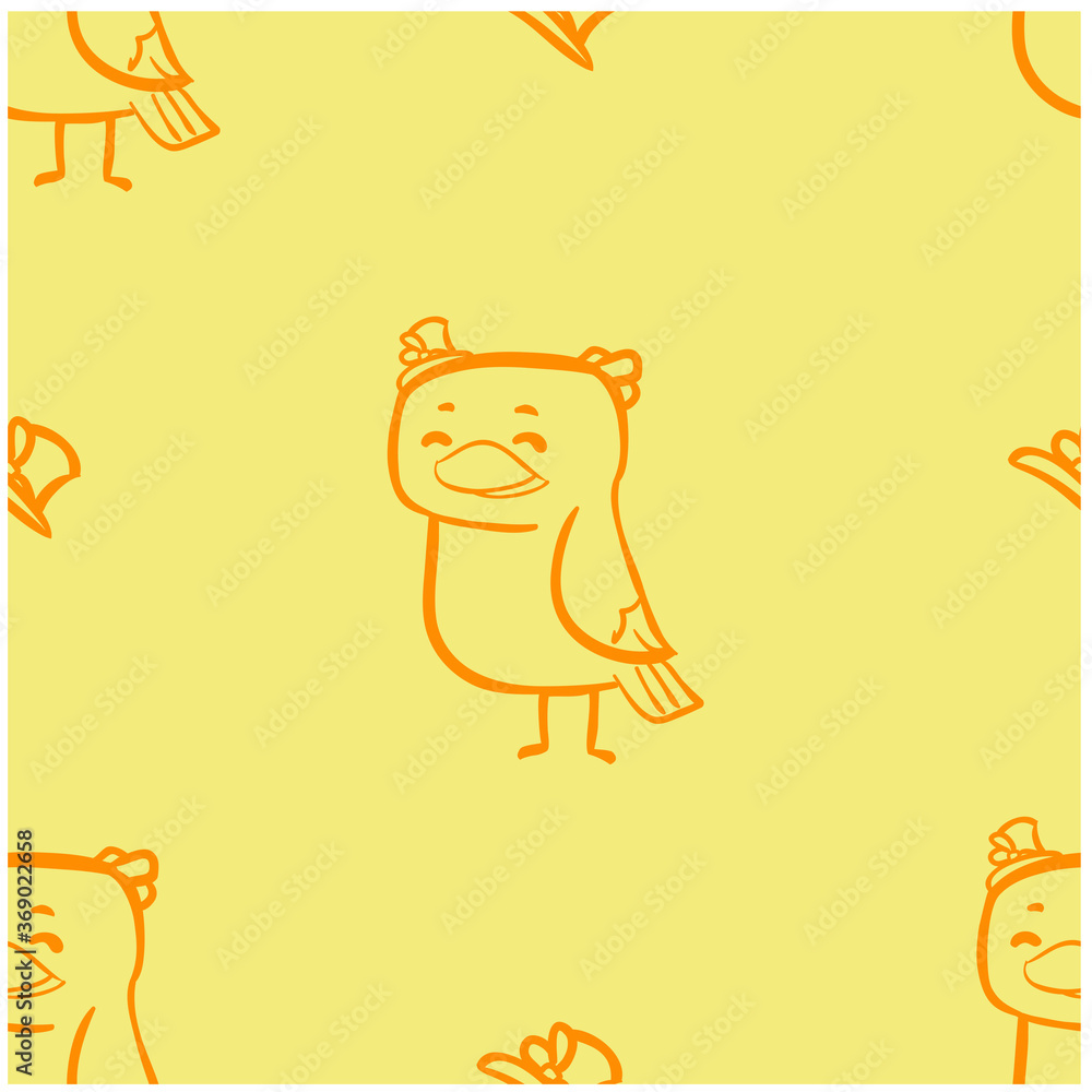 Seamless pattern doodle bright marigold bird in hat with smile on ...