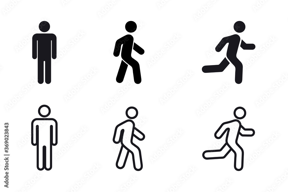 Man stands, walk and run icon set. People symbol. Person standing ...
