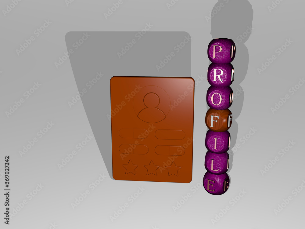 3D representation of PROFILE with icon on the wall and text arranged by ...